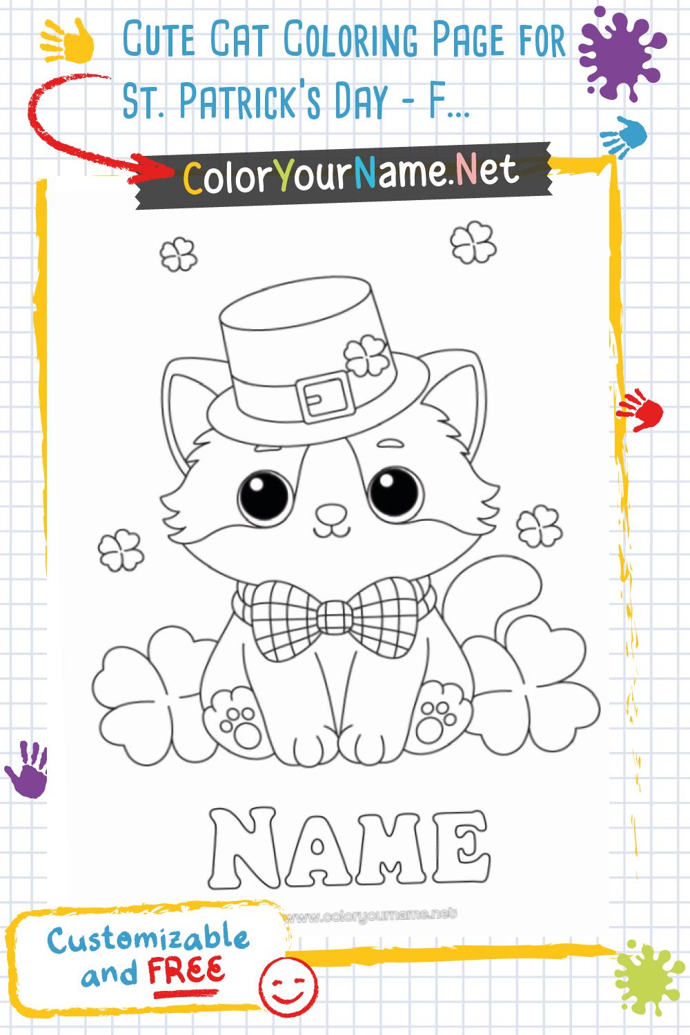 Cute Cat Coloring Page for St. Patrick's Day – Free and Customizable