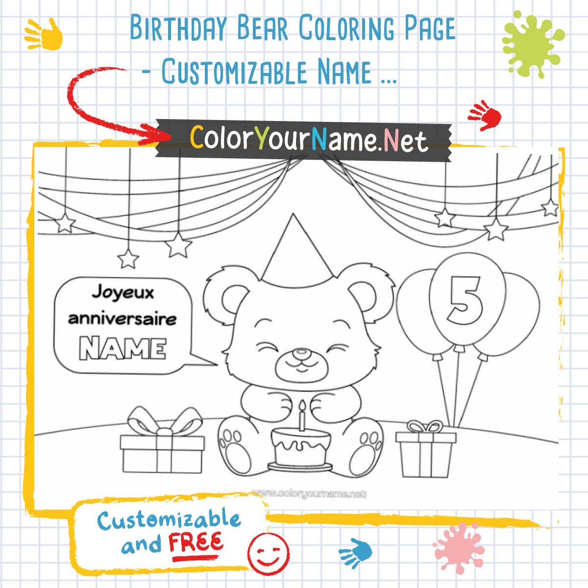 Birthday Bear Coloring Page – Customizable Name and Age