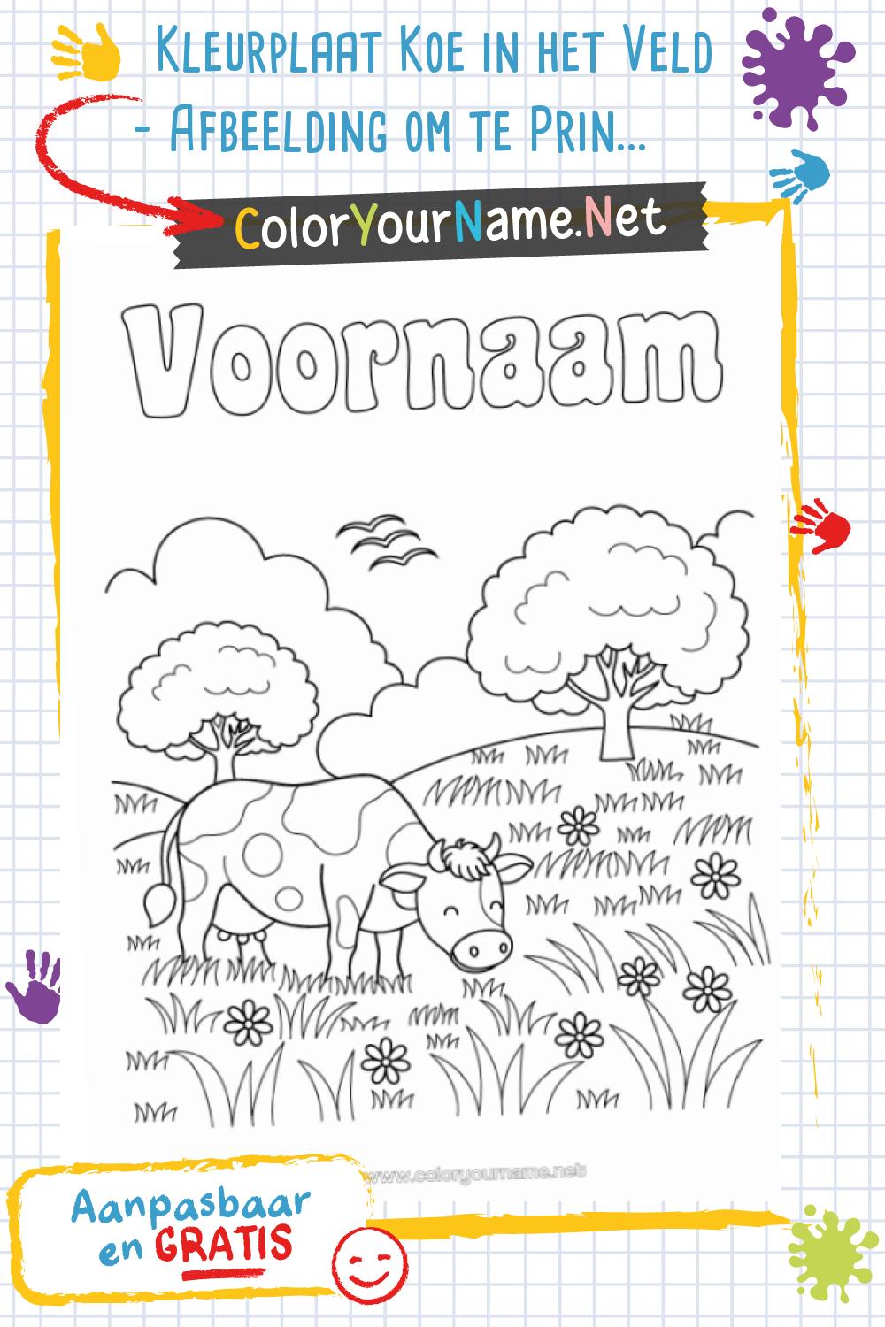 Kleurplaat Koe in het Veld – Afbeelding om te Printen en te Personaliseren