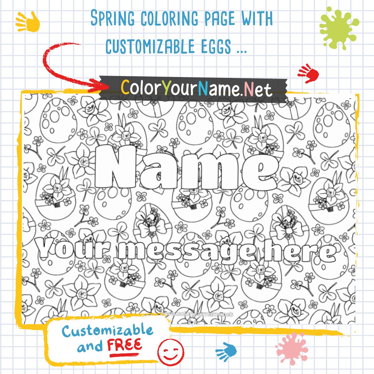 Spring coloring page with customizable eggs and daffodils.