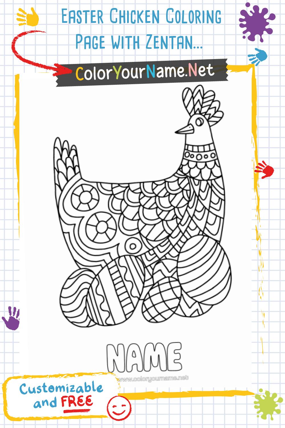 Easter Chicken Coloring Page with Zentangle Patterns – Customizable
