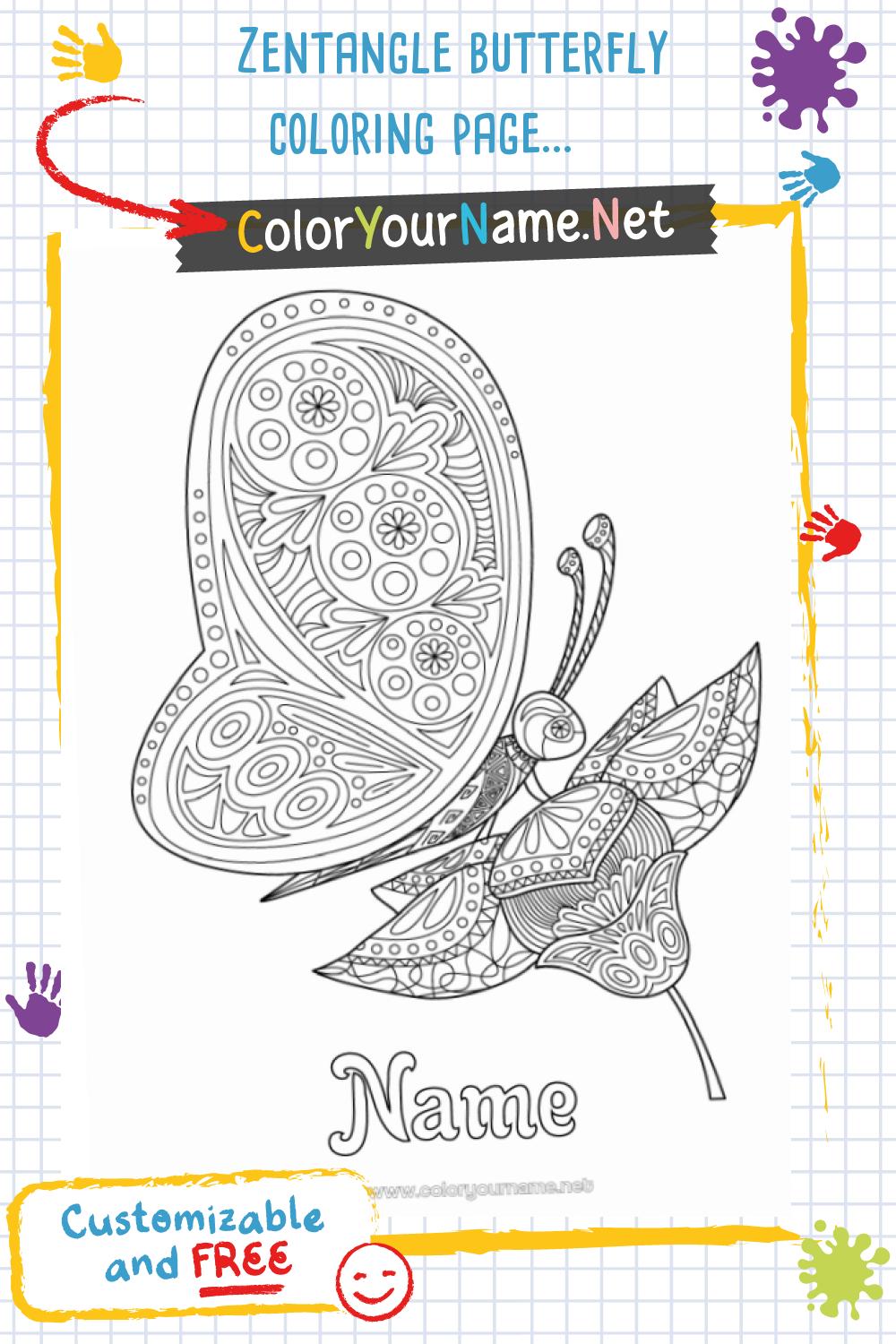 Zentangle butterfly coloring page to personalize with a name.