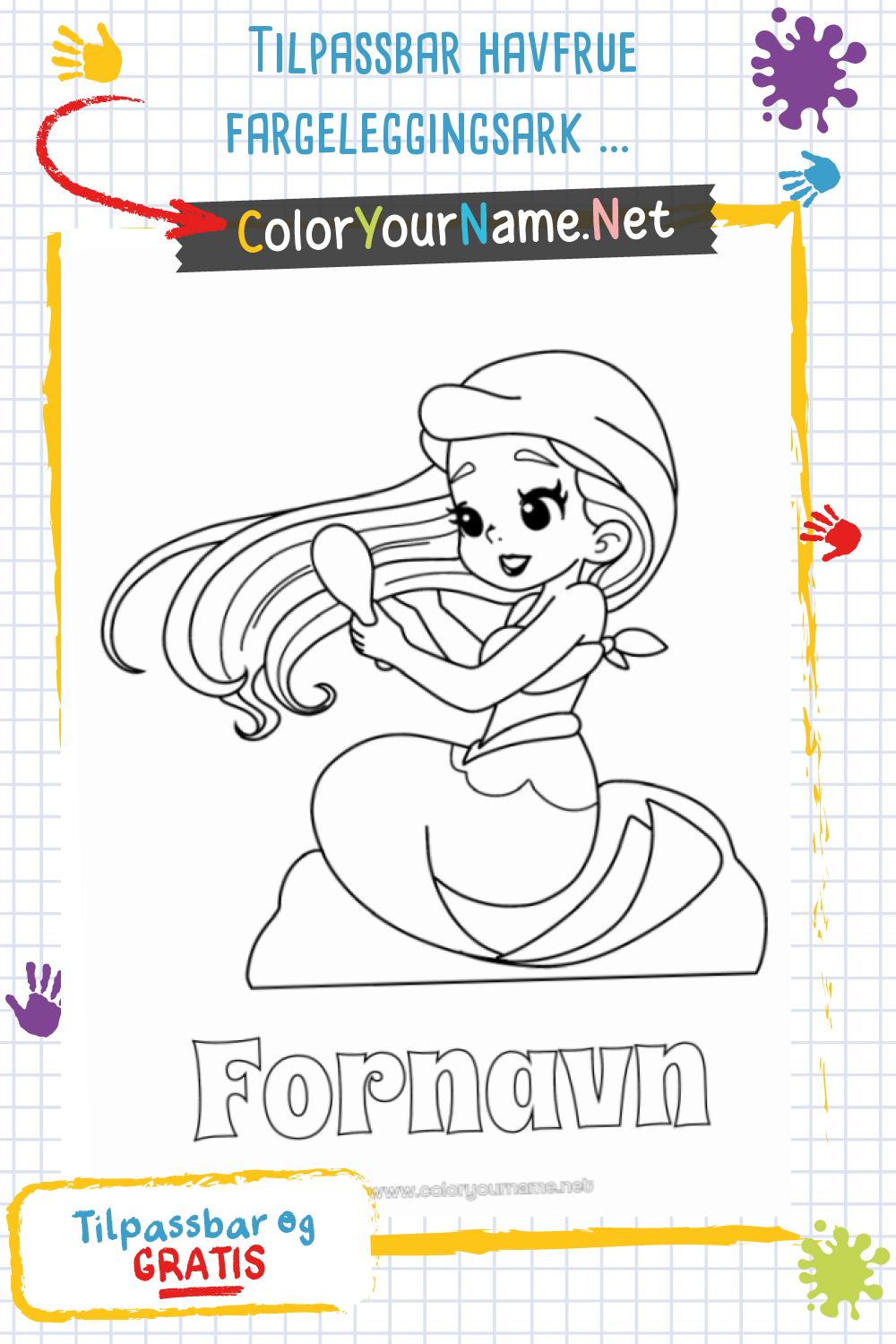 Tilpassbar havfrue fargeleggingsark – Gratis å skrive ut