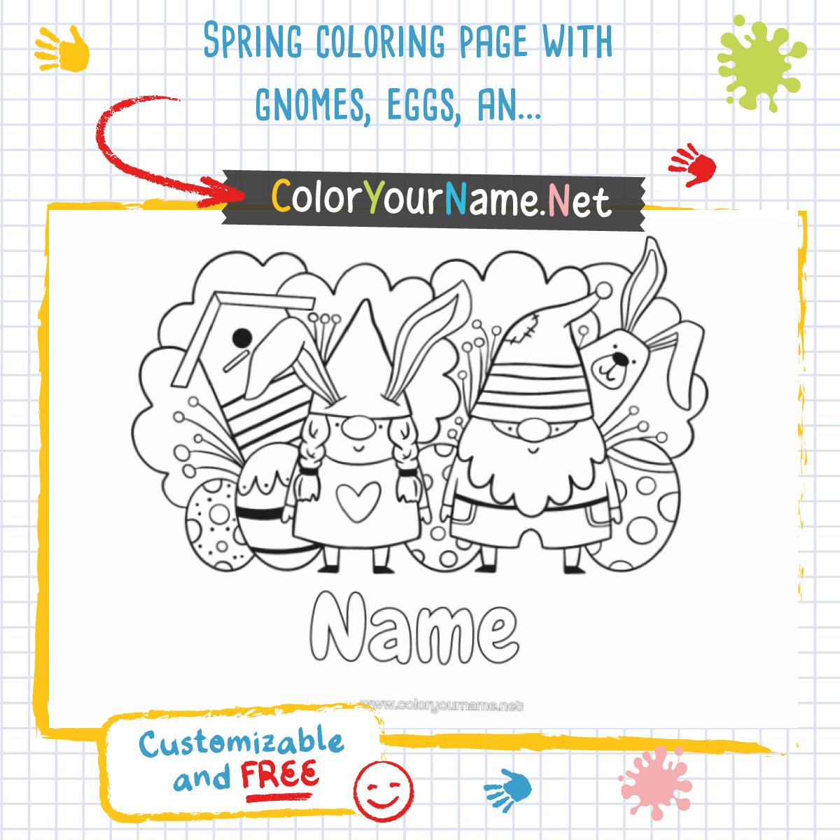 Spring coloring page with gnomes, eggs, and a birdhouse.