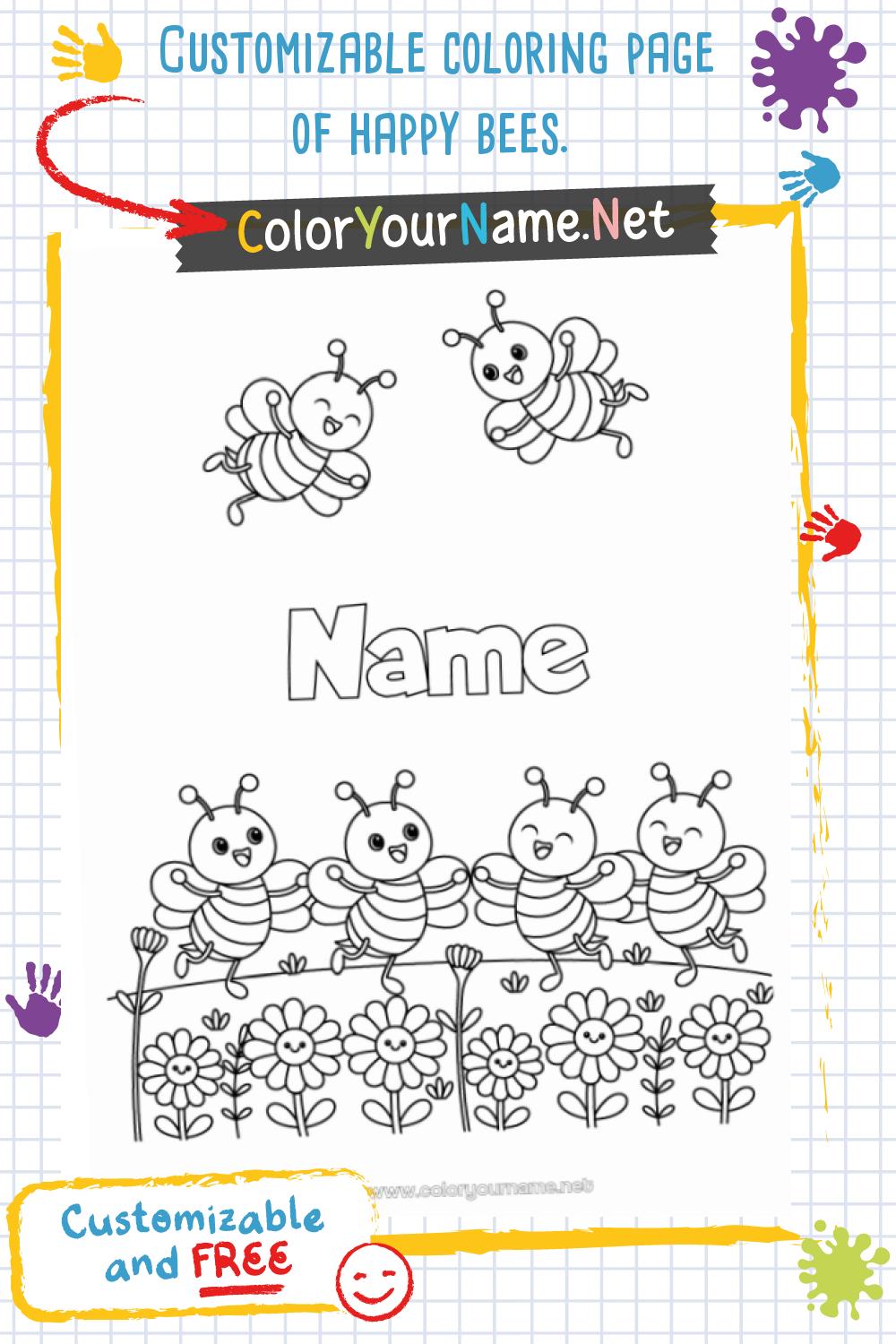 Customizable coloring page of happy bees.