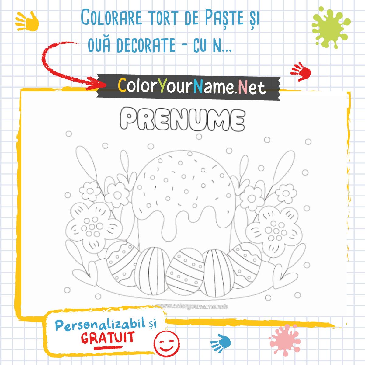 Colorare tort de Paște și ouă decorate – cu nume personalizabil