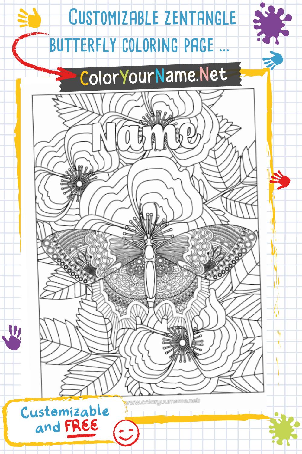 Customizable zentangle butterfly coloring page – flowers and nature to ...
