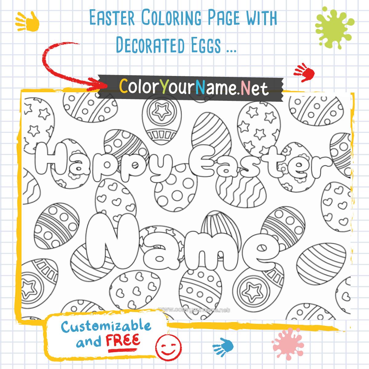 Easter Coloring Page with Decorated Eggs – Customizable with a Name