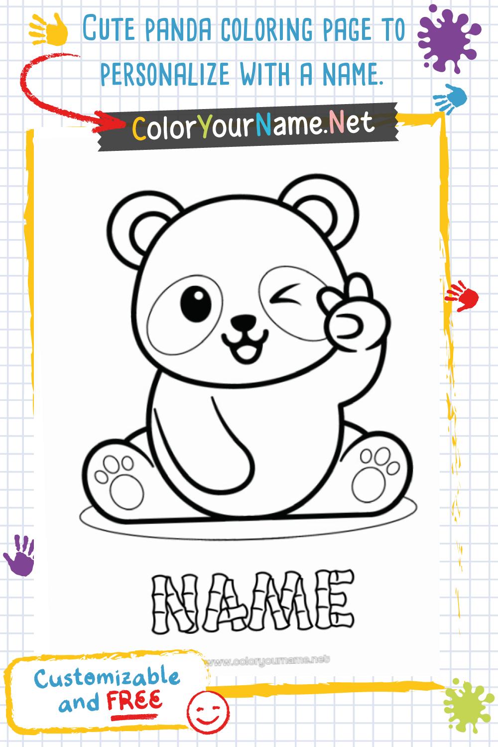 Cute panda coloring page to personalize with a name.