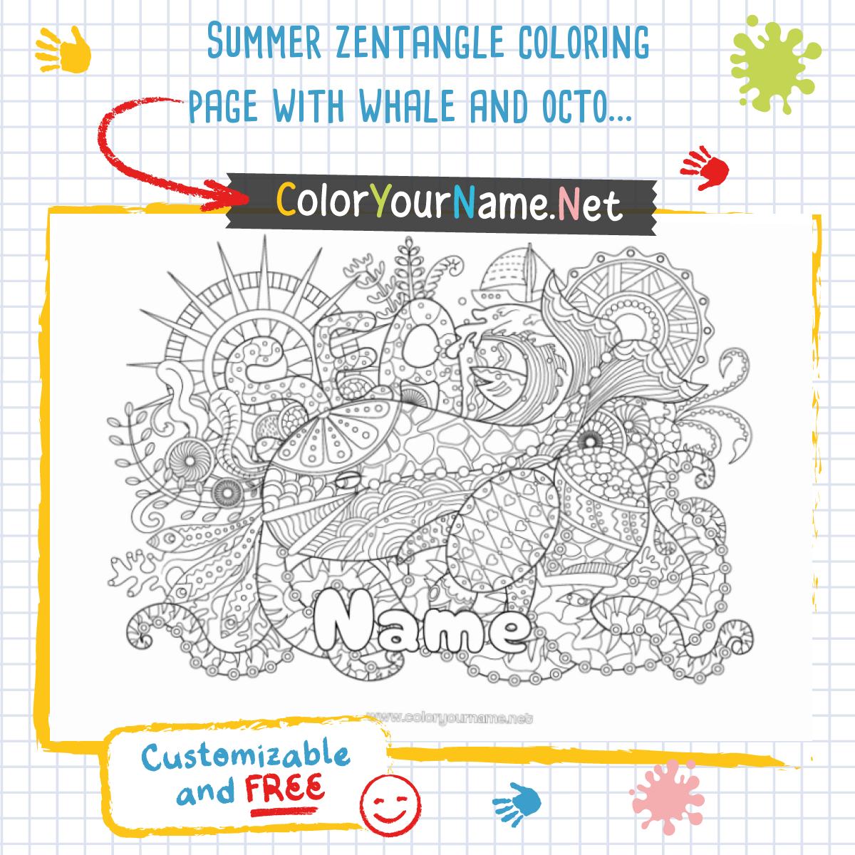 Summer zentangle coloring page with whale and octopus – Free and ...