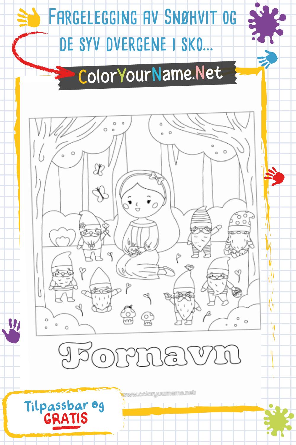 Fargelegging av Snøhvit og de syv dvergene i skogen tilpasset.
