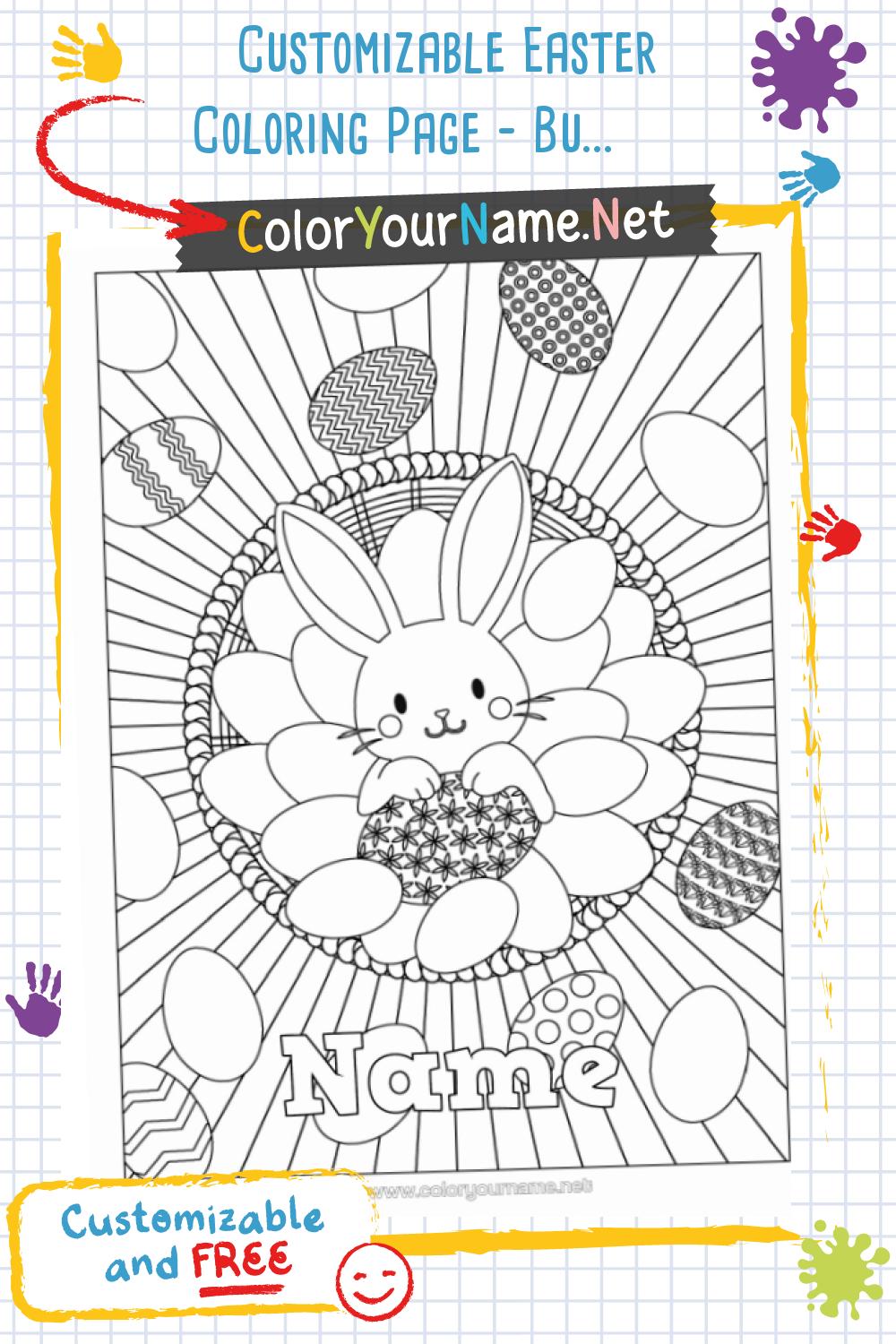Customizable Easter Coloring Page – Bunny Surrounded by Decorated Eggs