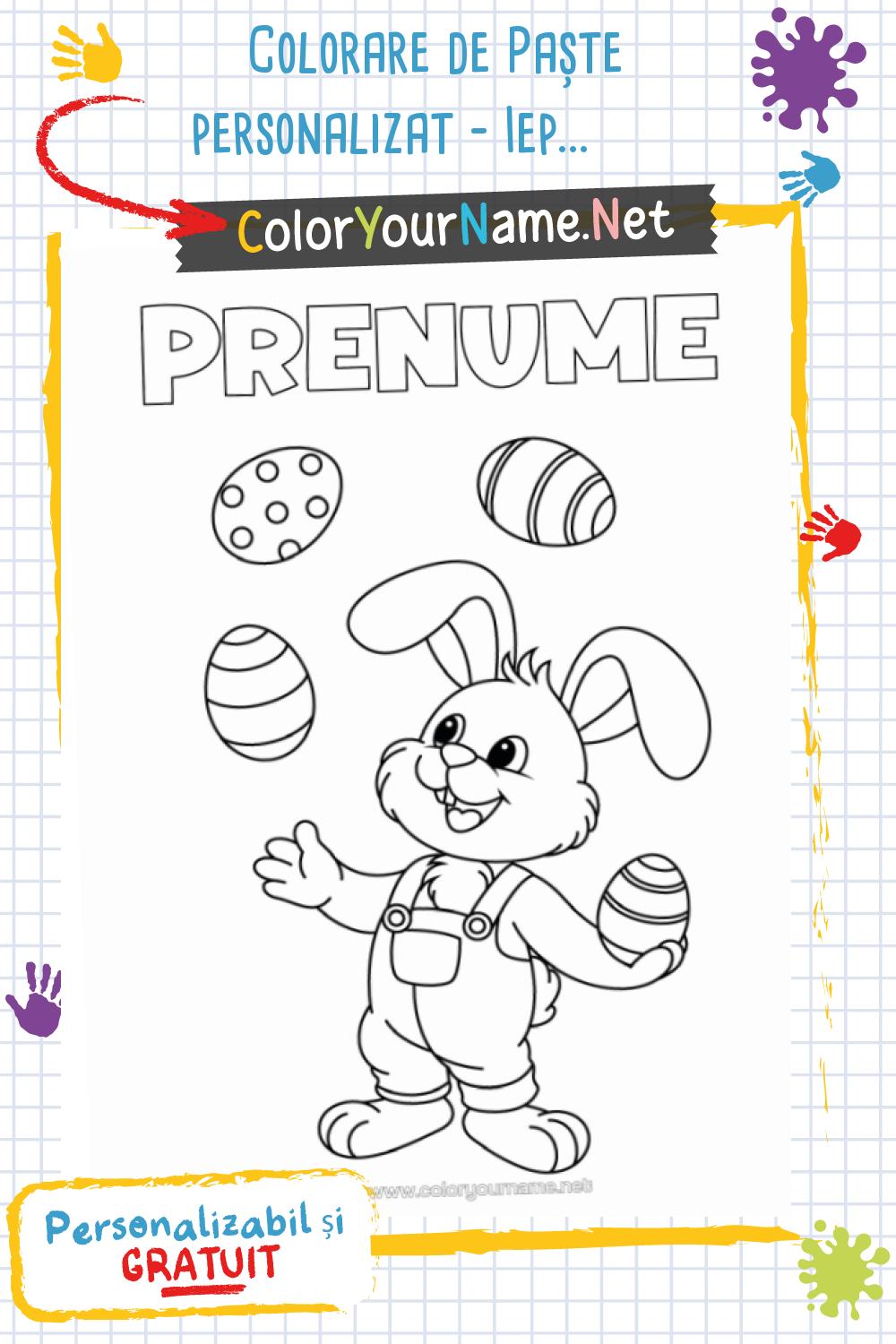 Colorare de Paște personalizat – Iepure jonglor și ouă de decorat