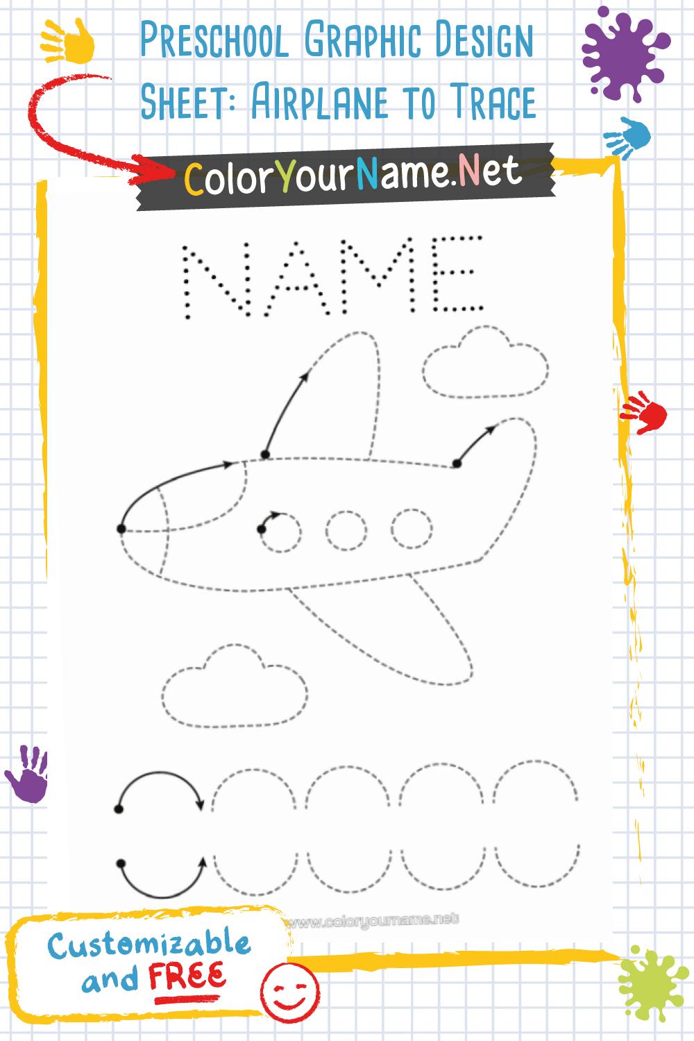 Preschool Graphic Design Sheet: Airplane to Trace