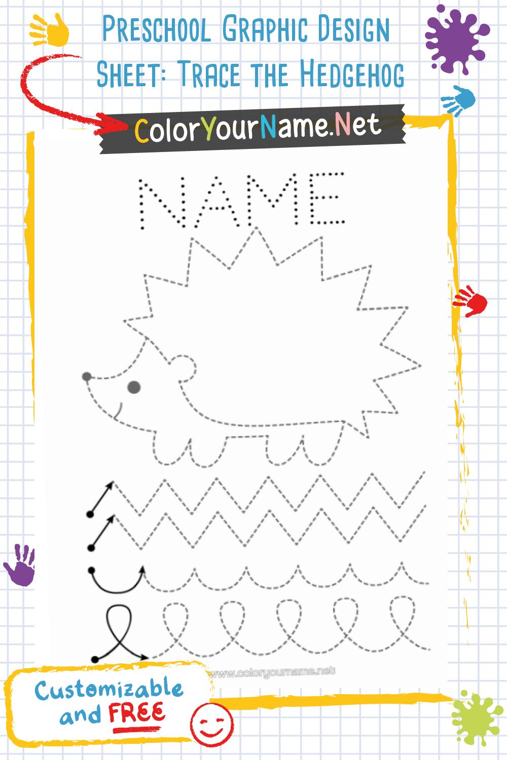 Preschool Graphic Design Sheet: Trace the Hedgehog