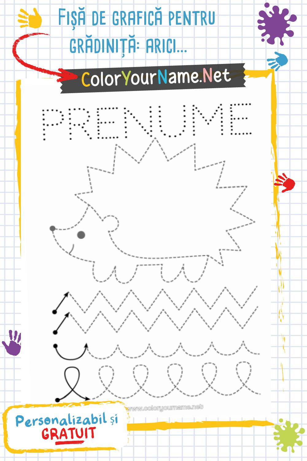Fișă de grafică pentru grădiniță: arici de trasat