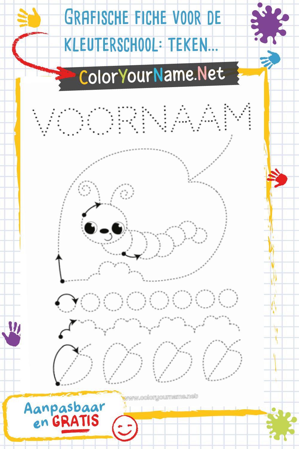 Grafische fiche voor de kleuterschool: teken de rups op zijn blad.