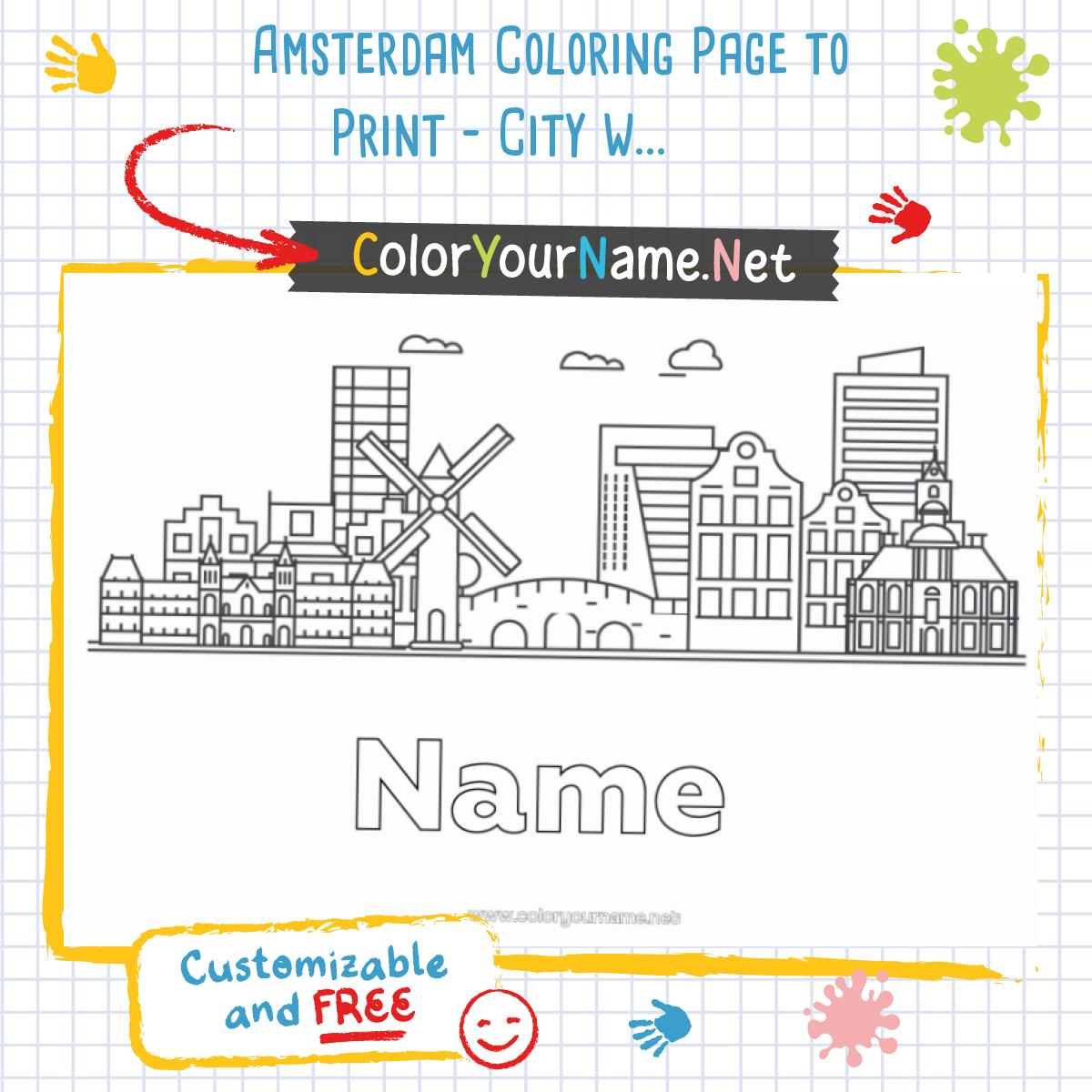 Amsterdam Coloring Page to Print – City with Windmills and Canals