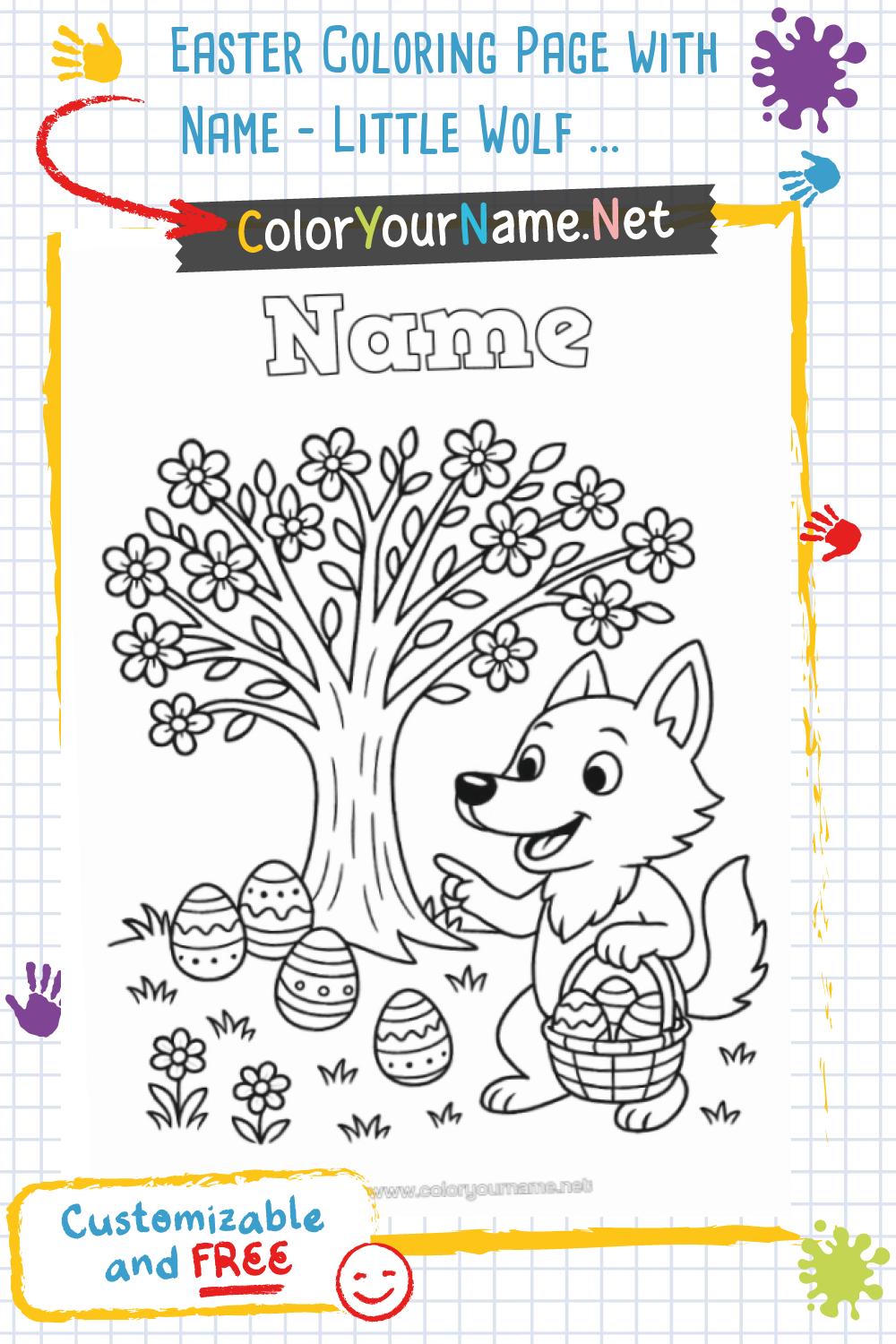 Easter Coloring Page with Name – Little Wolf and Decorated Eggs