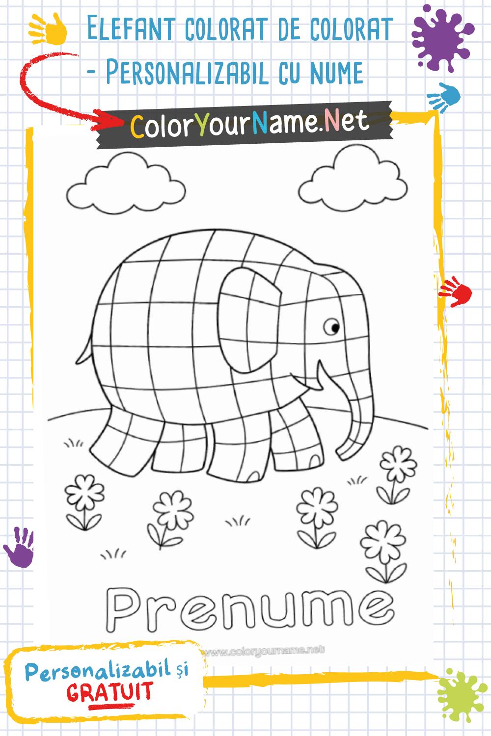 Elefant colorat de colorat – Personalizabil cu nume