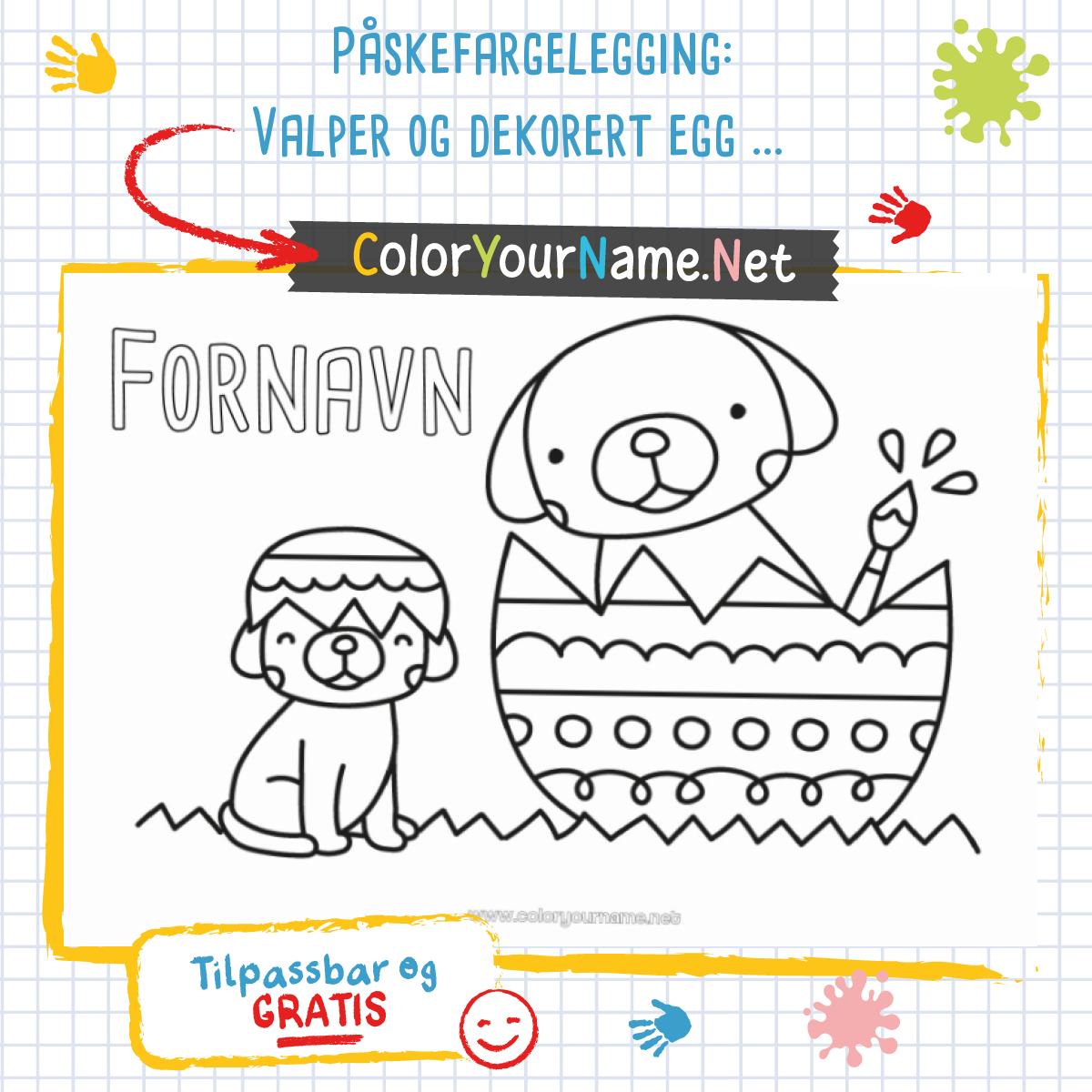 Påskefargelegging: Valper og dekorert egg – Tilpassbar