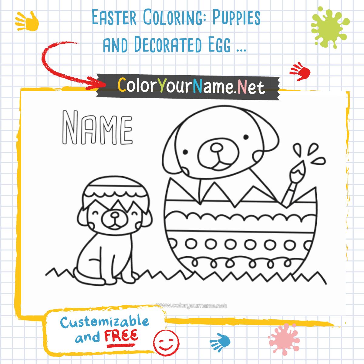Easter Coloring: Puppies and Decorated Egg – Customizable