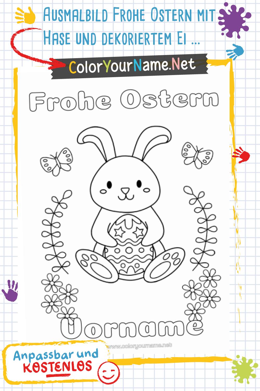 Ausmalbild Frohe Ostern mit Hase und dekoriertem Ei – Personalisierbar