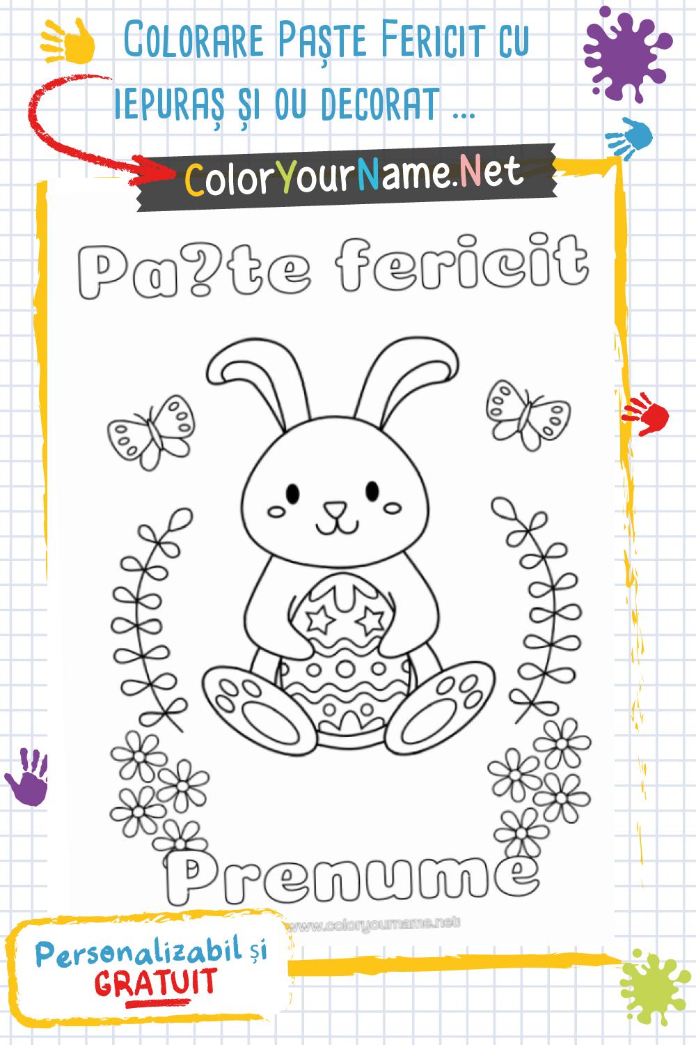 Colorare Paște Fericit cu iepuraș și ou decorat – Personalizabil