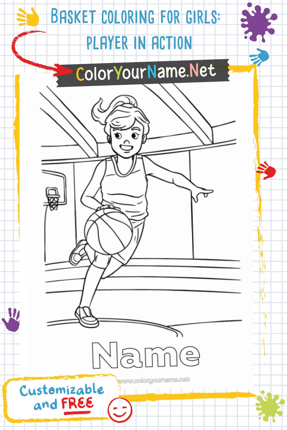 Basket coloring for girls: player in action