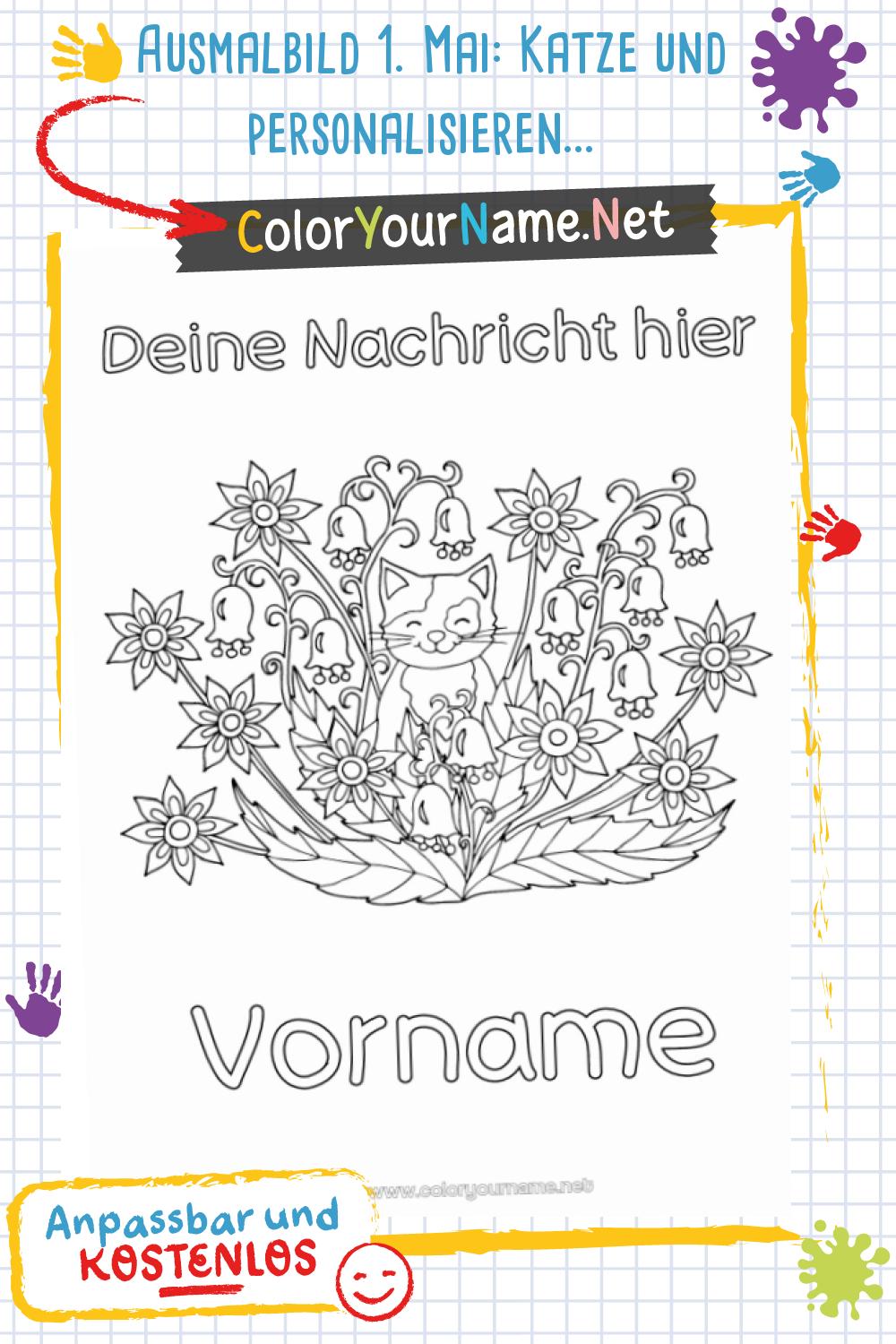 Ausmalbild 1. Mai: Katze und personalisierender Maiglöckchen