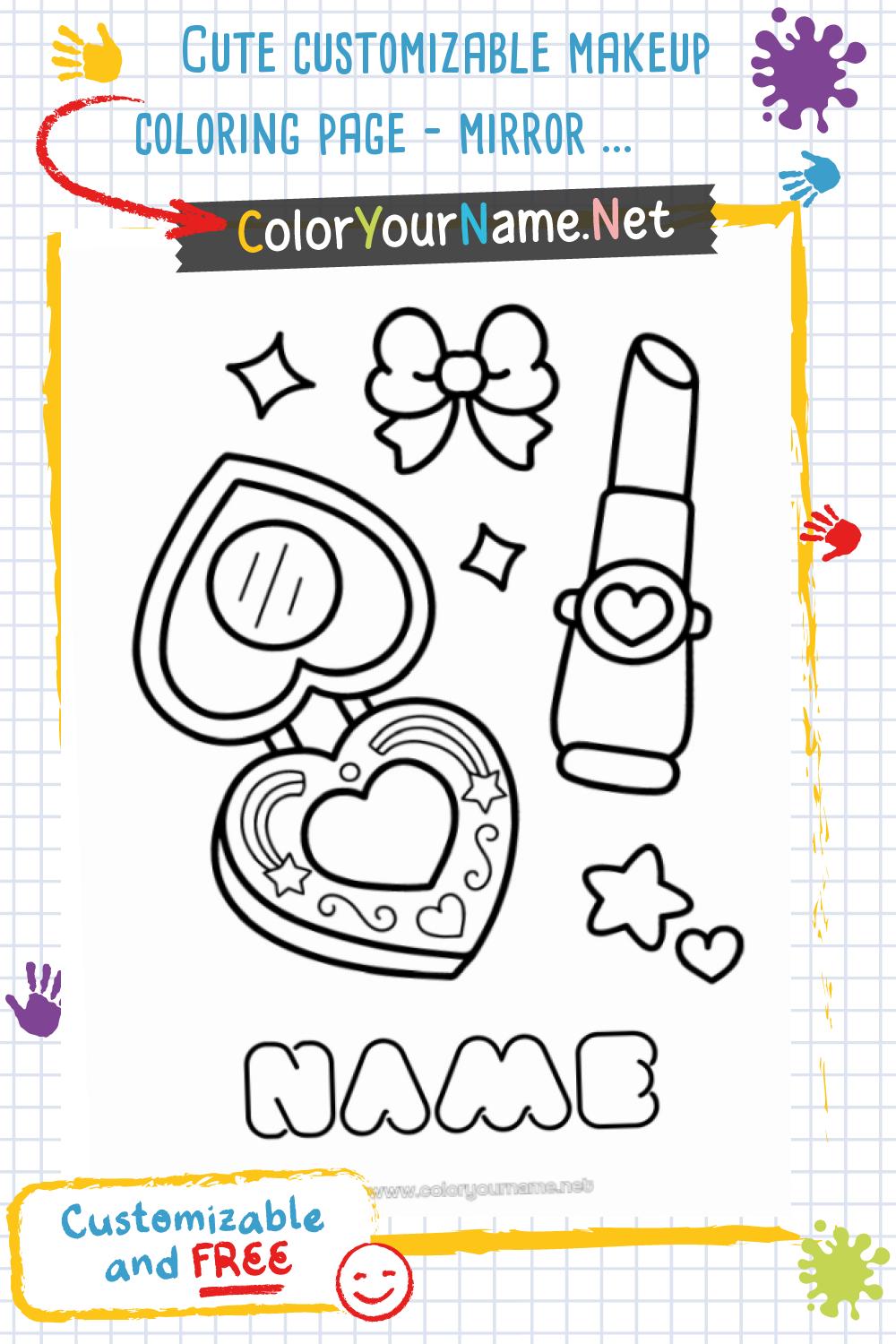 Cute customizable makeup coloring page – mirror and lipstick