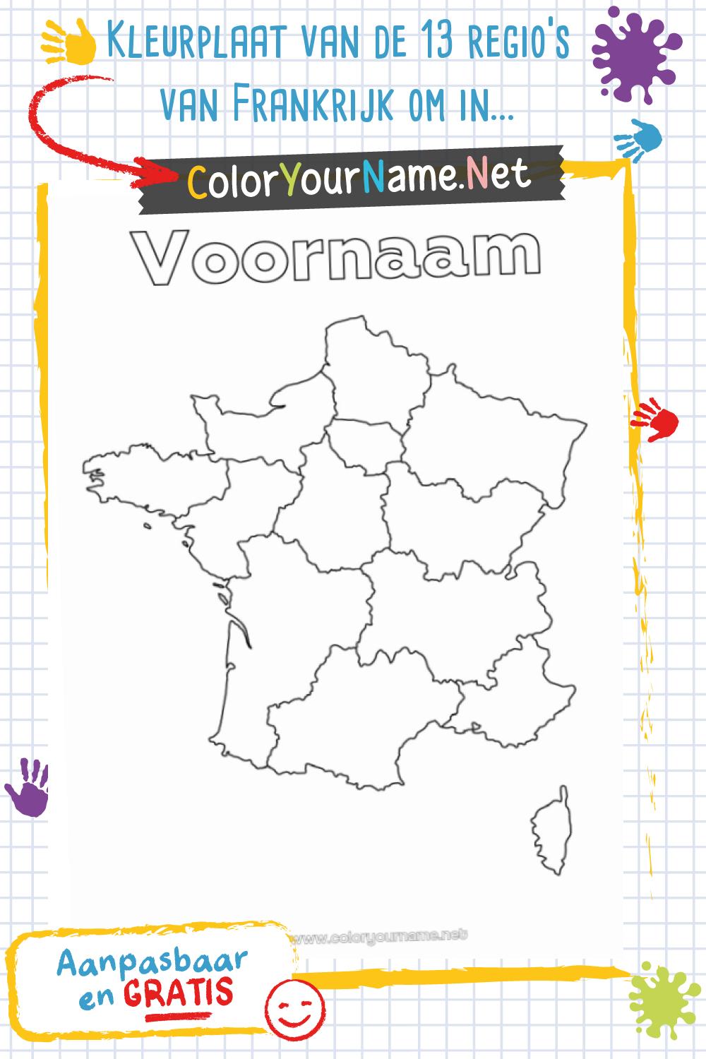 Kleurplaat van de 13 regio's van Frankrijk om in te kleuren.