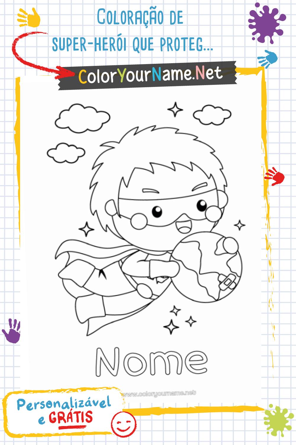Coloração de super-herói que protege o planeta – nome personalizável