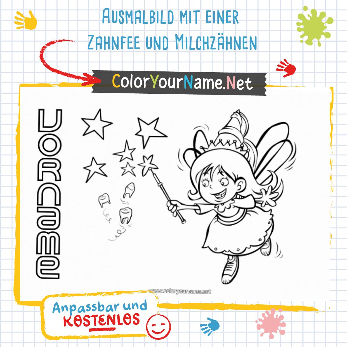 Ausmalbild mit einer Zahnfee und Milchzähnen