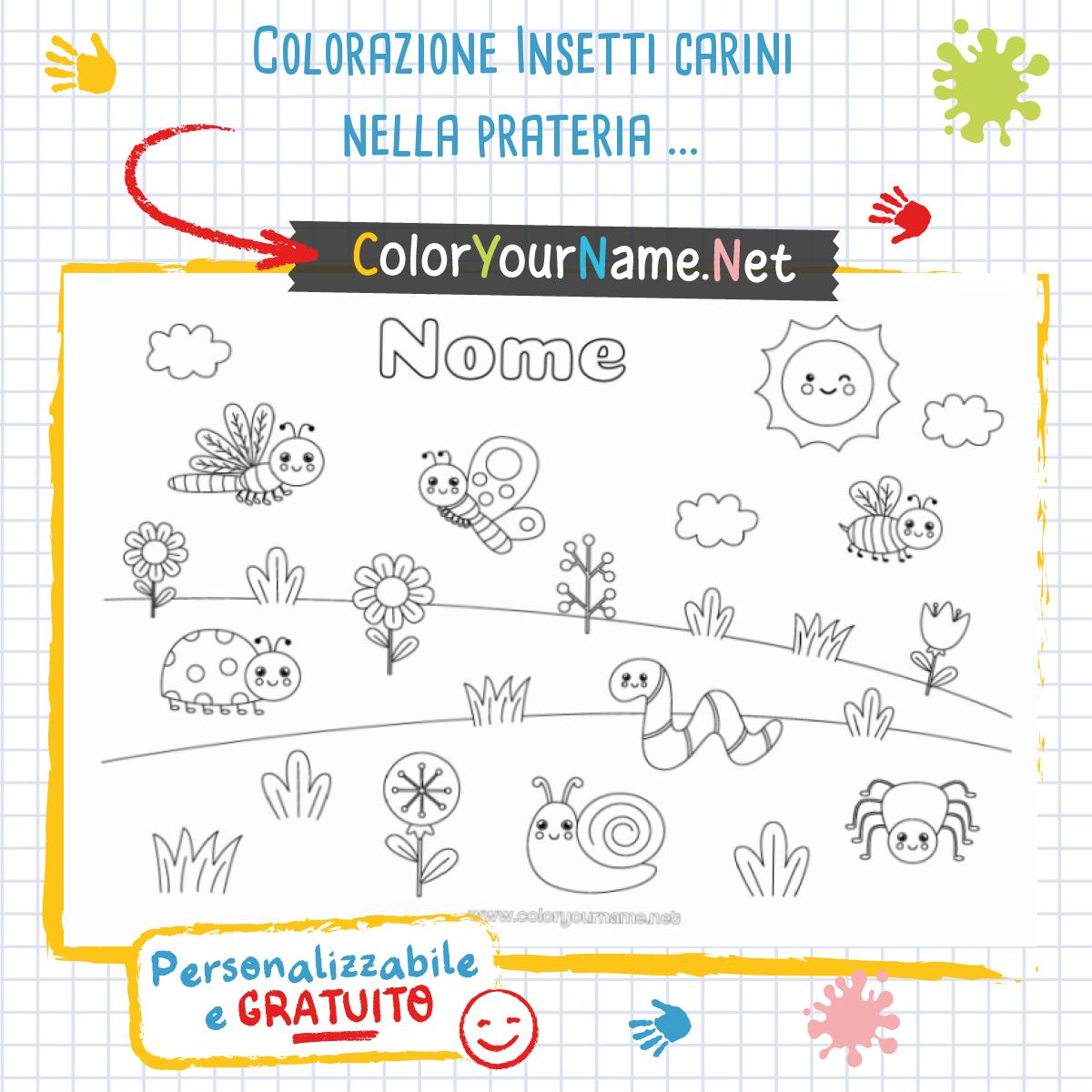 Colorazione Insetti carini nella prateria – personalizzabile con nome