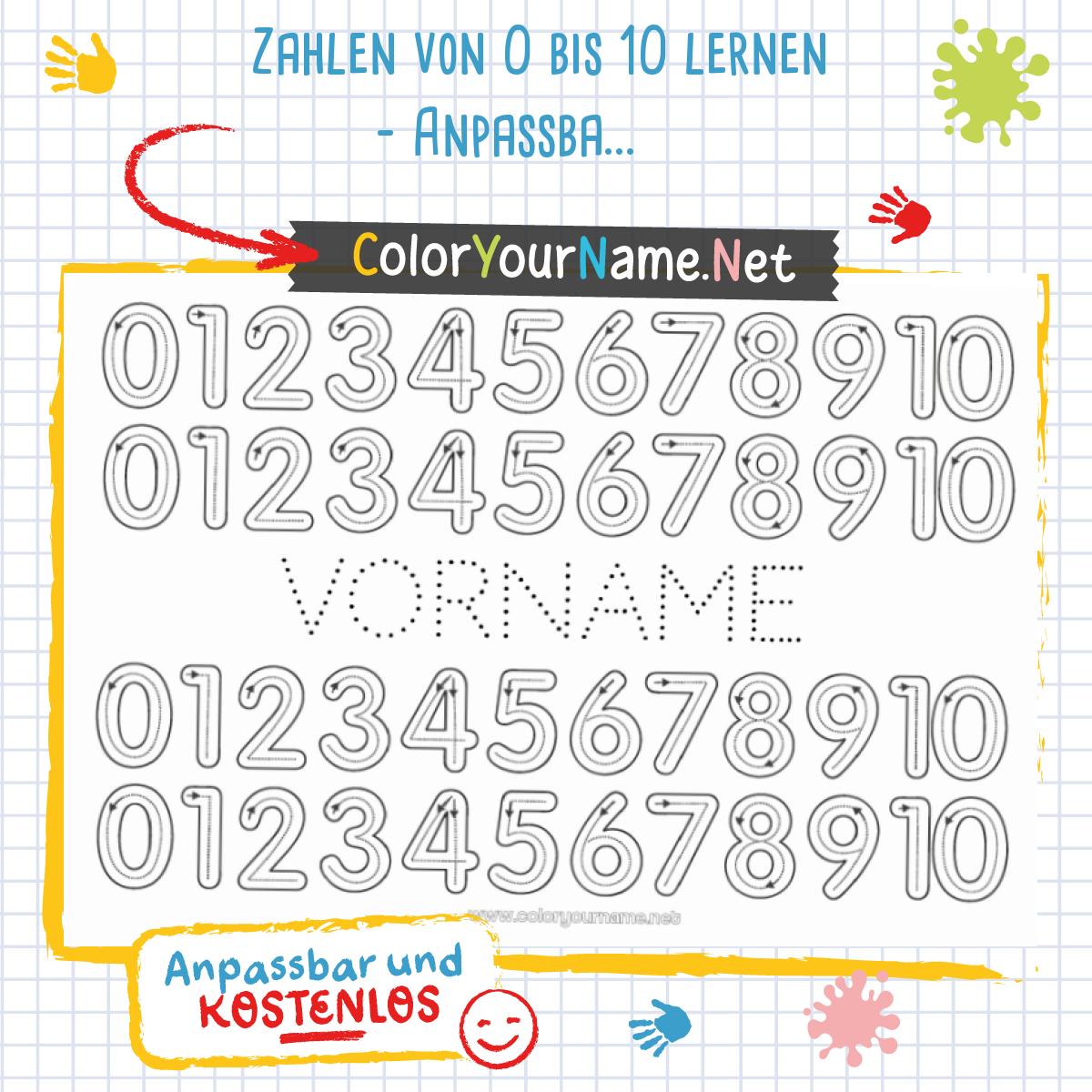 Zahlen von 0 bis 10 lernen – Anpassbares Arbeitsblatt zum Ausdrucken