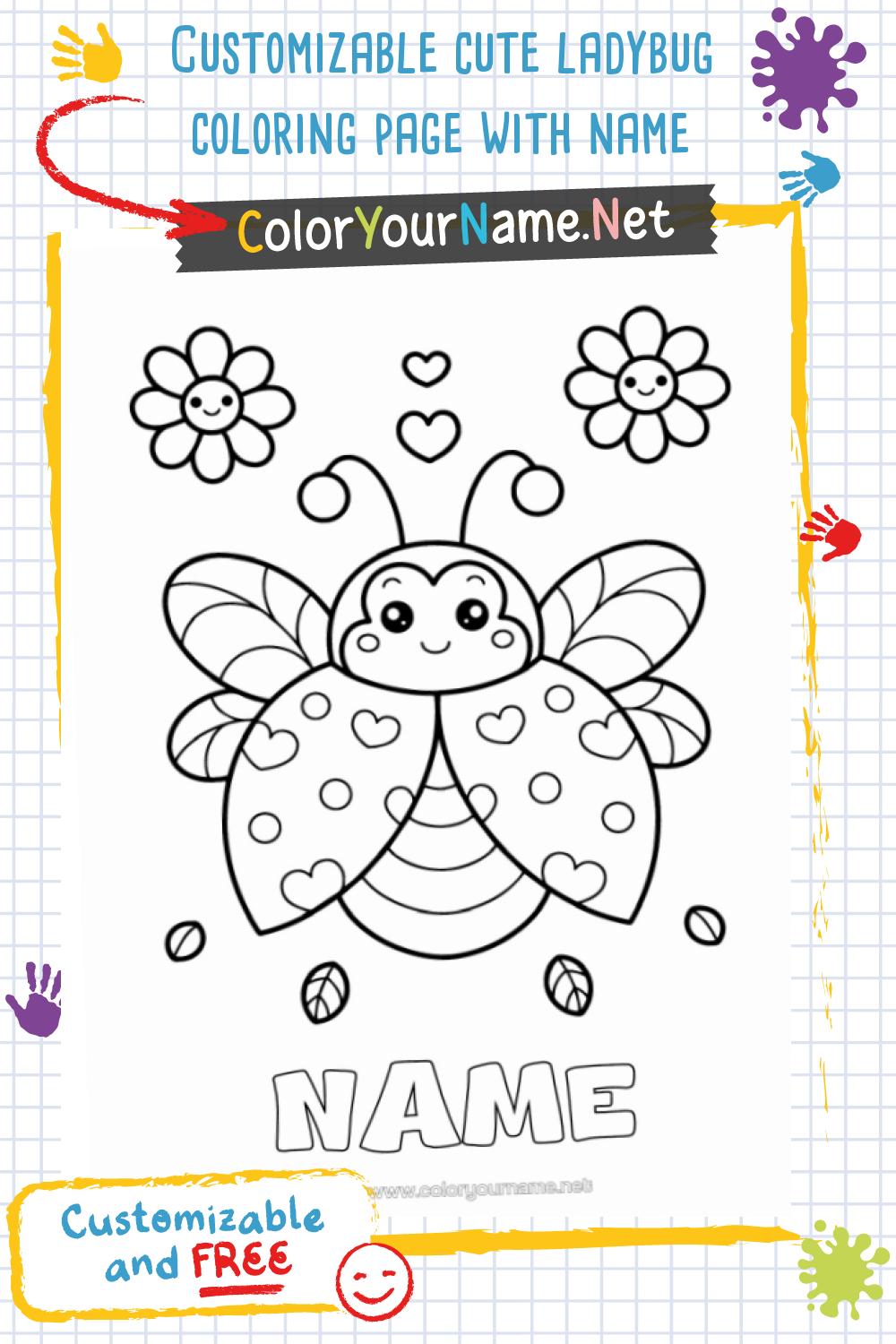 Customizable cute ladybug coloring page with name