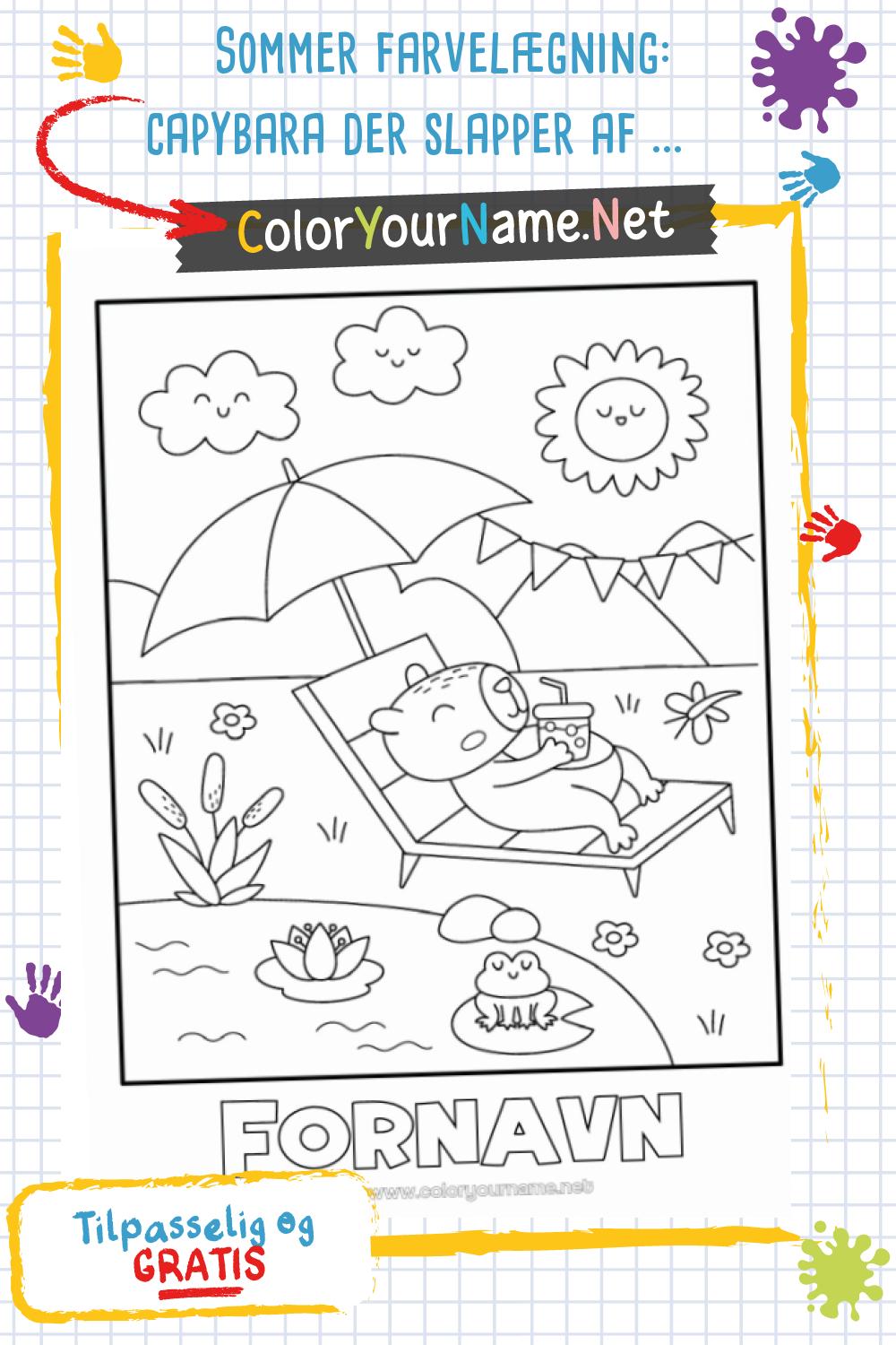 Sommer farvelægning: capybara der slapper af ved vandet.