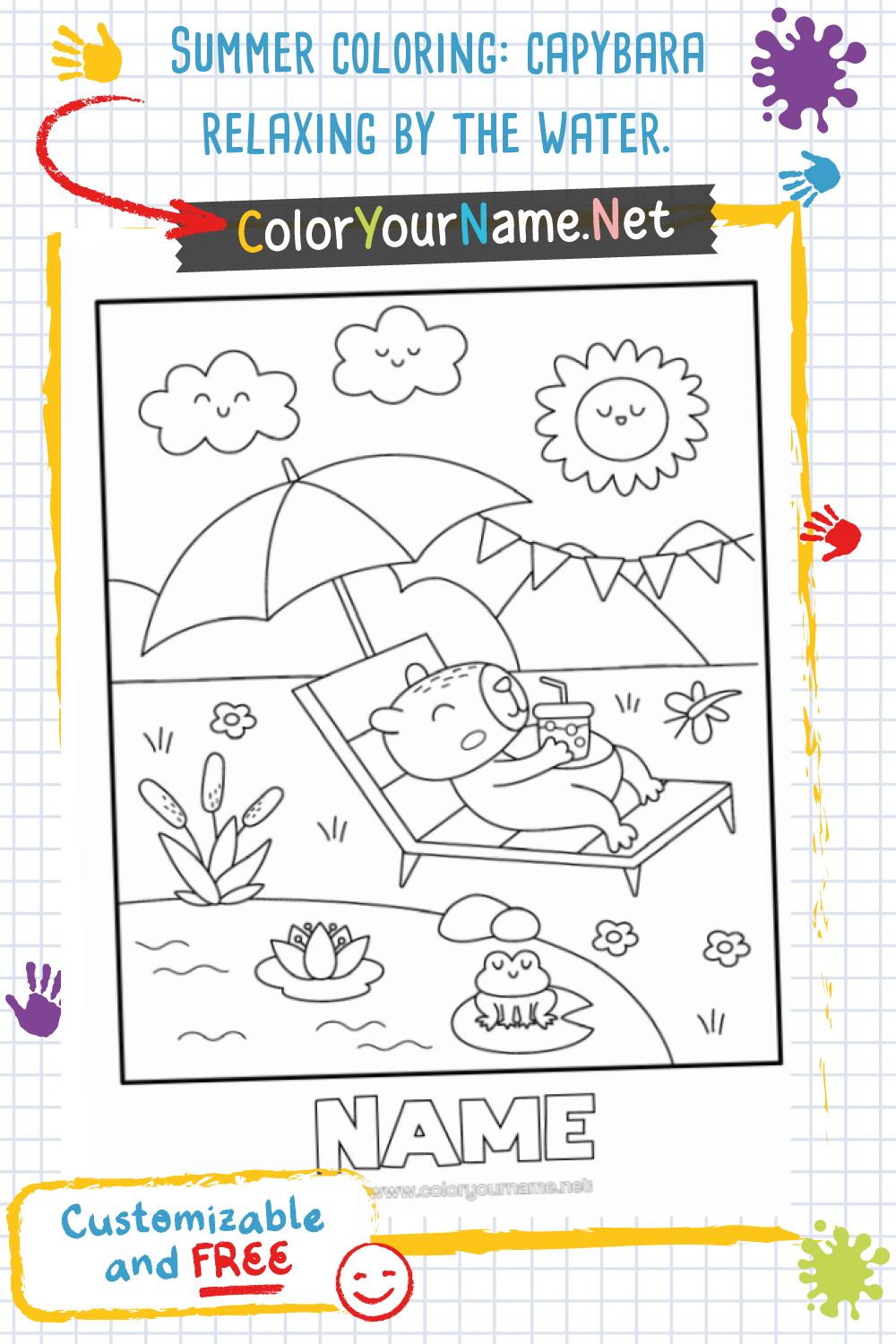 Summer coloring: capybara relaxing by the water.