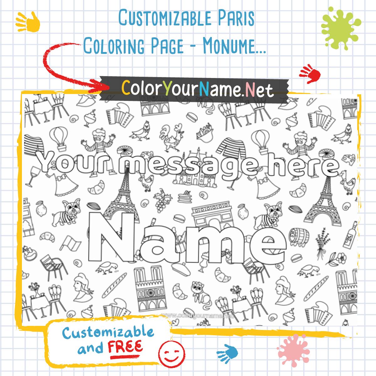 Customizable Paris Coloring Page – Monuments and Symbols of France to Print