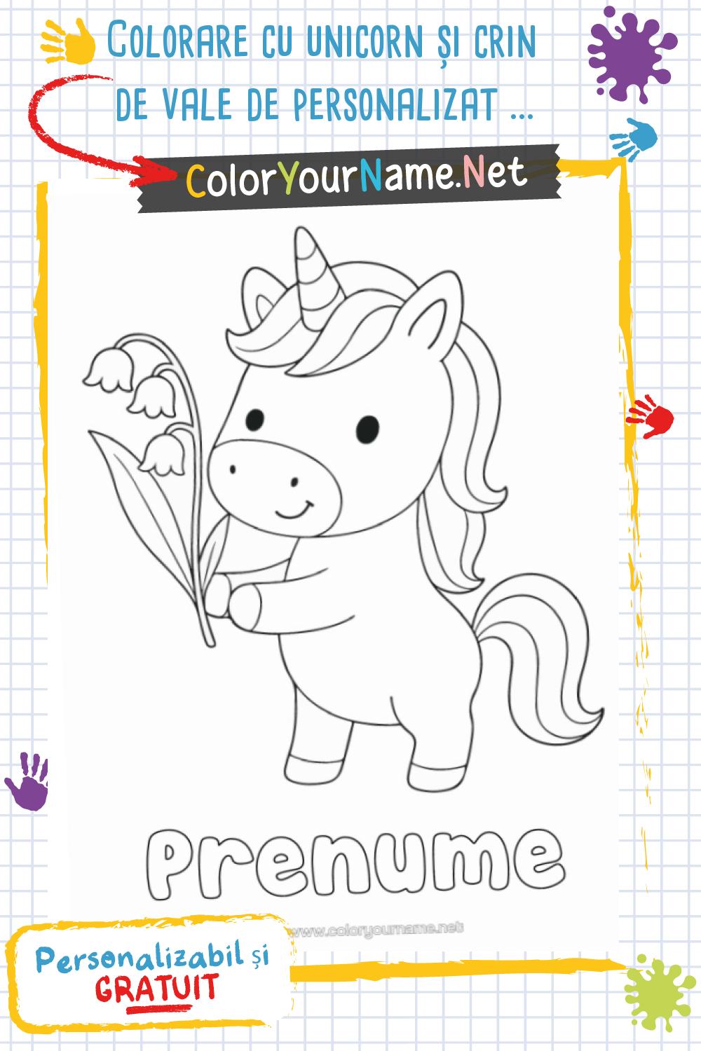 Colorare cu unicorn și crin de vale de personalizat – 1 Mai