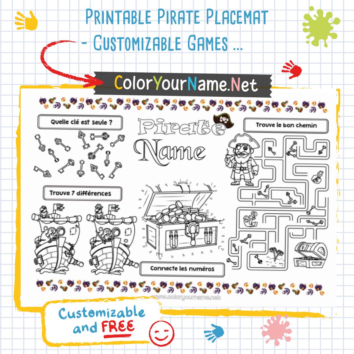 Printable Pirate Placemat – Customizable Games and Coloring Activities