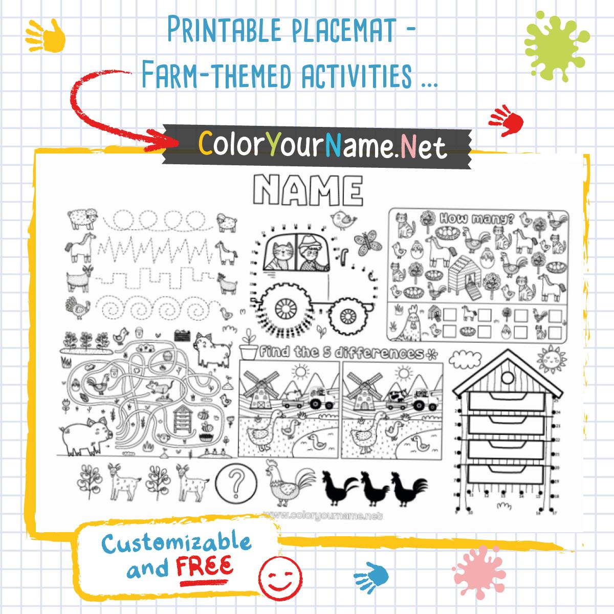 Printable placemat – Farm-themed activities and games
