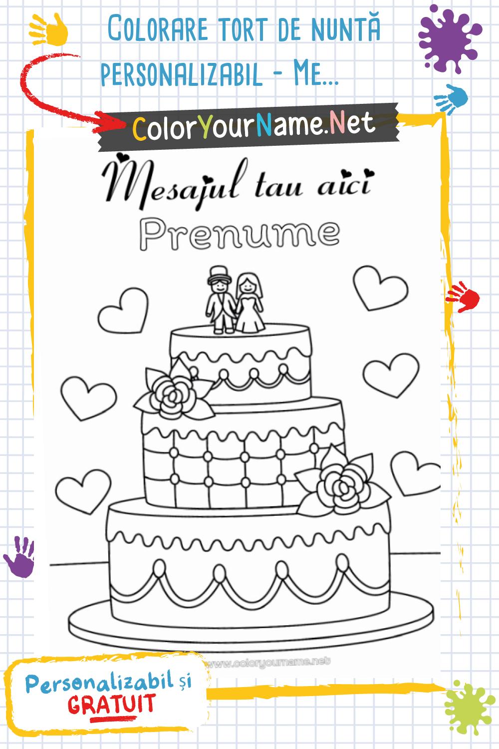 Colorare tort de nuntă personalizabil – Mesaj și nume de imprimat