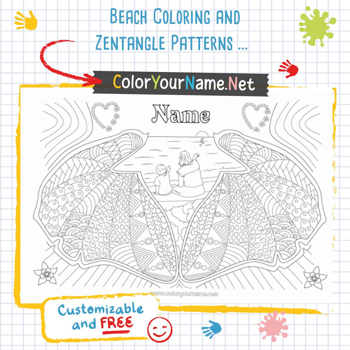 Beach Coloring and Zentangle Patterns – Customizable Page