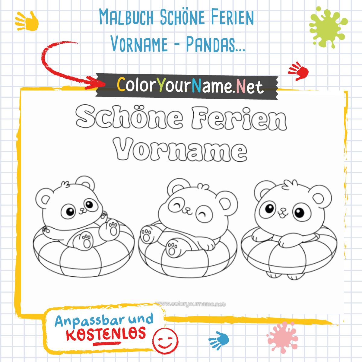 Malbuch Schöne Ferien Vorname - Pandas im Schwimmreifen zum Ausdrucken