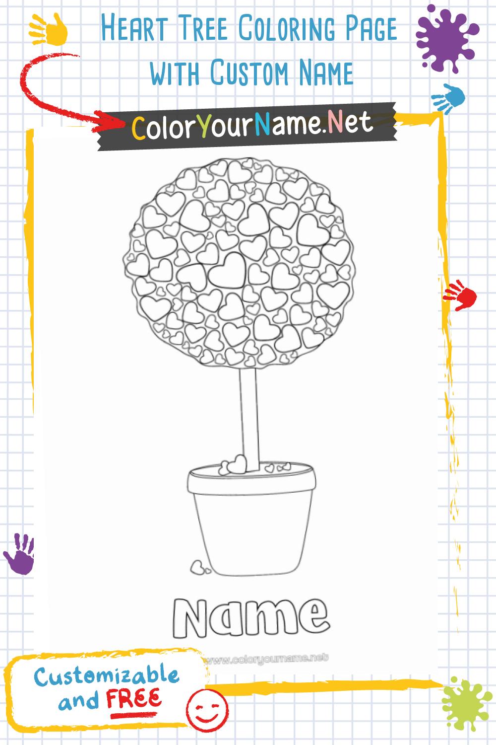 Heart Tree Coloring Page with Custom Name