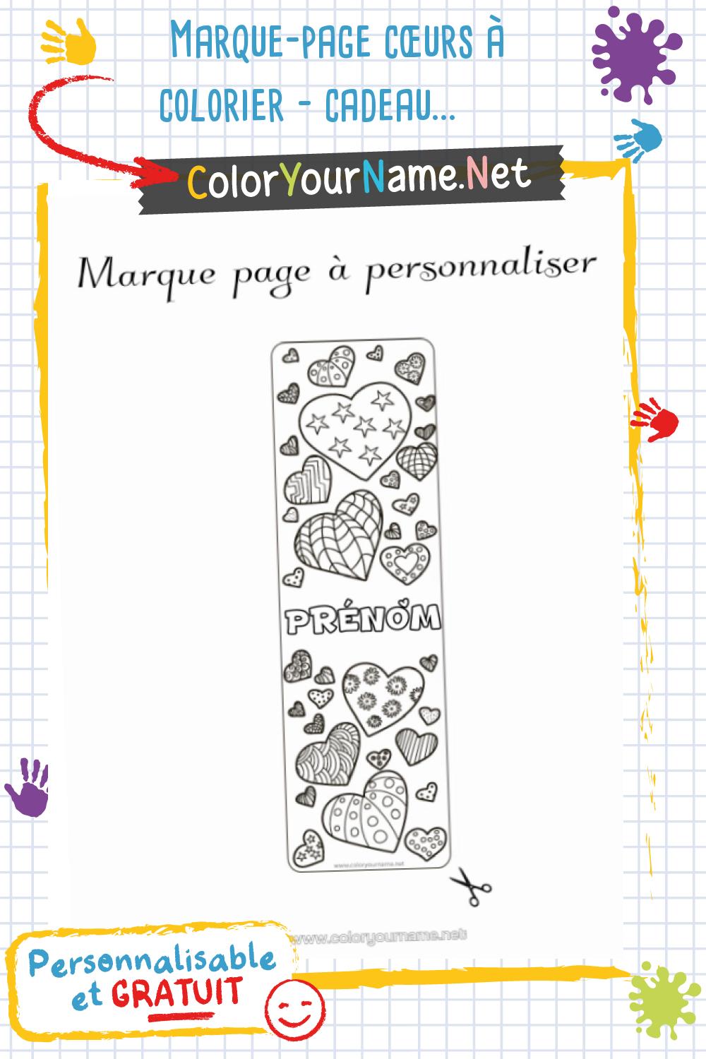 Marque-page cœurs à colorier – cadeau à personnaliser avec prénom