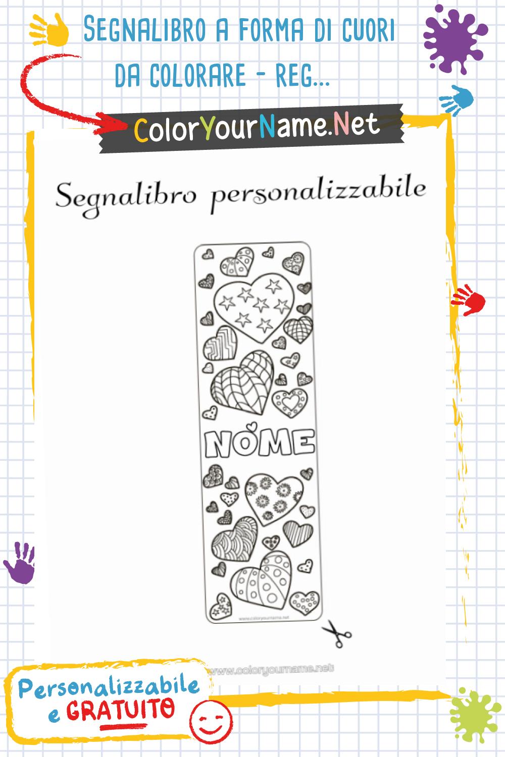 Segnalibro a forma di cuori da colorare – regalo personalizzabile con nome