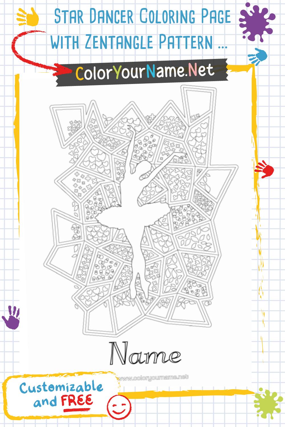 Star Dancer Coloring Page with Zentangle Pattern – Customizable